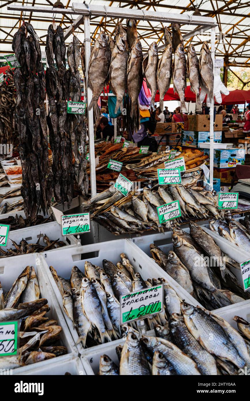 Stockfish, smoked fish, market hall, Pryvoz market, largest food market ...