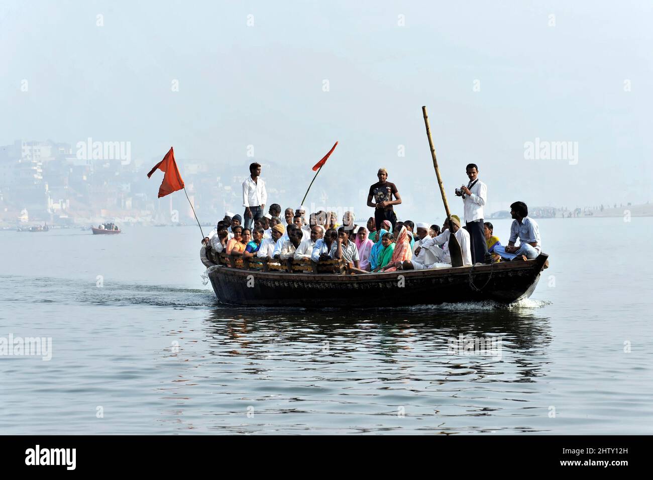 Worshippers in boats on the Ganges, Varanasi, Benares, Uttar Pradesh ...
