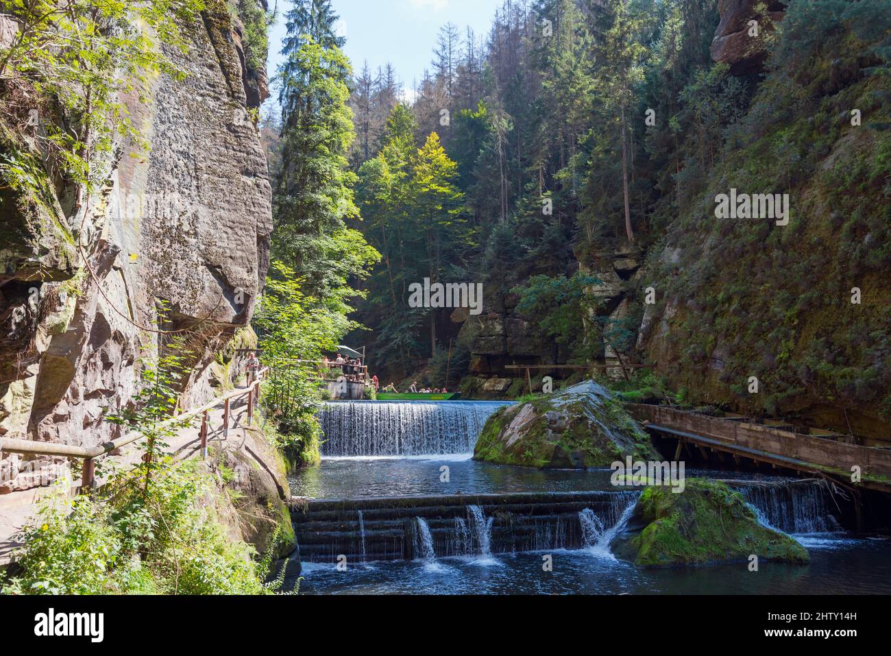 Footbridge and waterfalls in the Edmundsklamm, Kamenice River, Kamnitz ...
