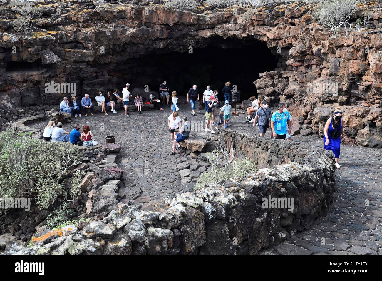 Exit of Cueva de los Verdes, cave in lava rock, Lanzarote, Canary ...