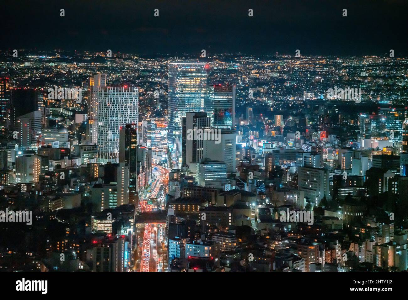 An aerial night view of the beautiful illuminated city of Tokyo, Japan ...