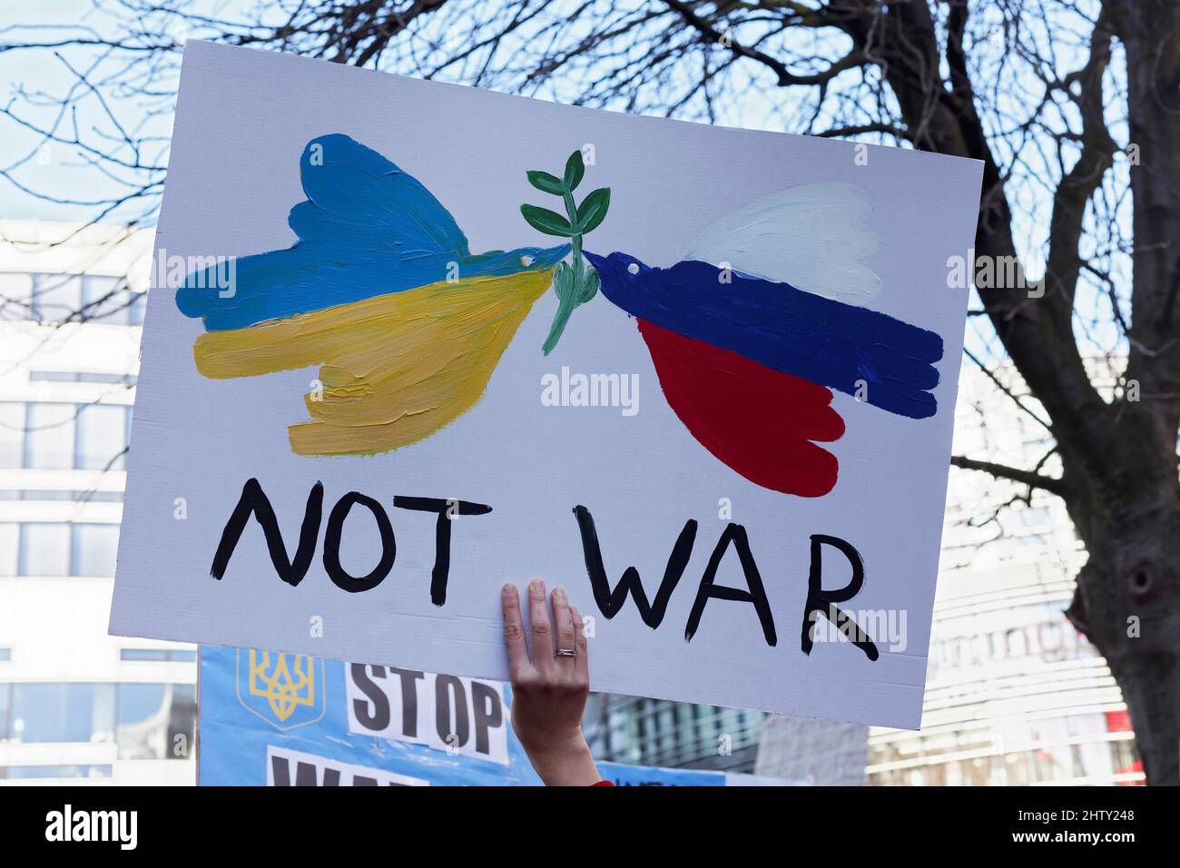 Protest poster against the Russian invasion of Ukraine, two peace doves ...