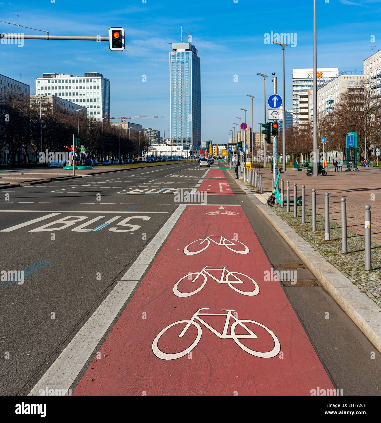 Roadway with bus lane and cycle track in Karl-Marx-Allee, Berlin ...