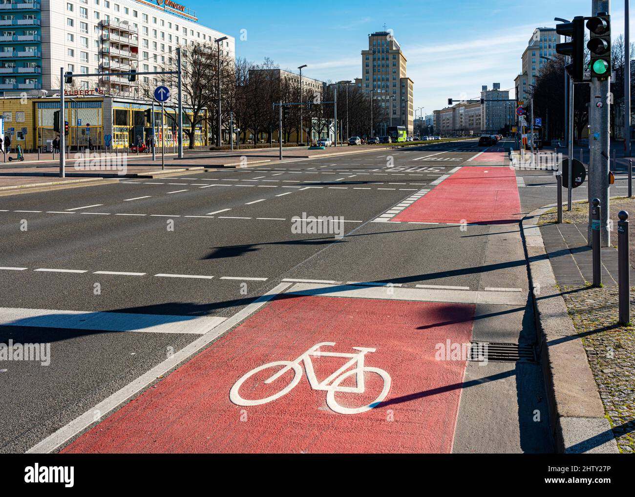 Roadway with bus lane and cycle track in Karl-Marx-Allee, Berlin ...