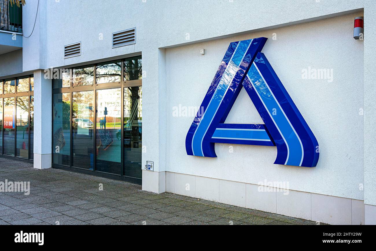 Logo of the Aldi discount store on a new building in Mitte, Berlin ...