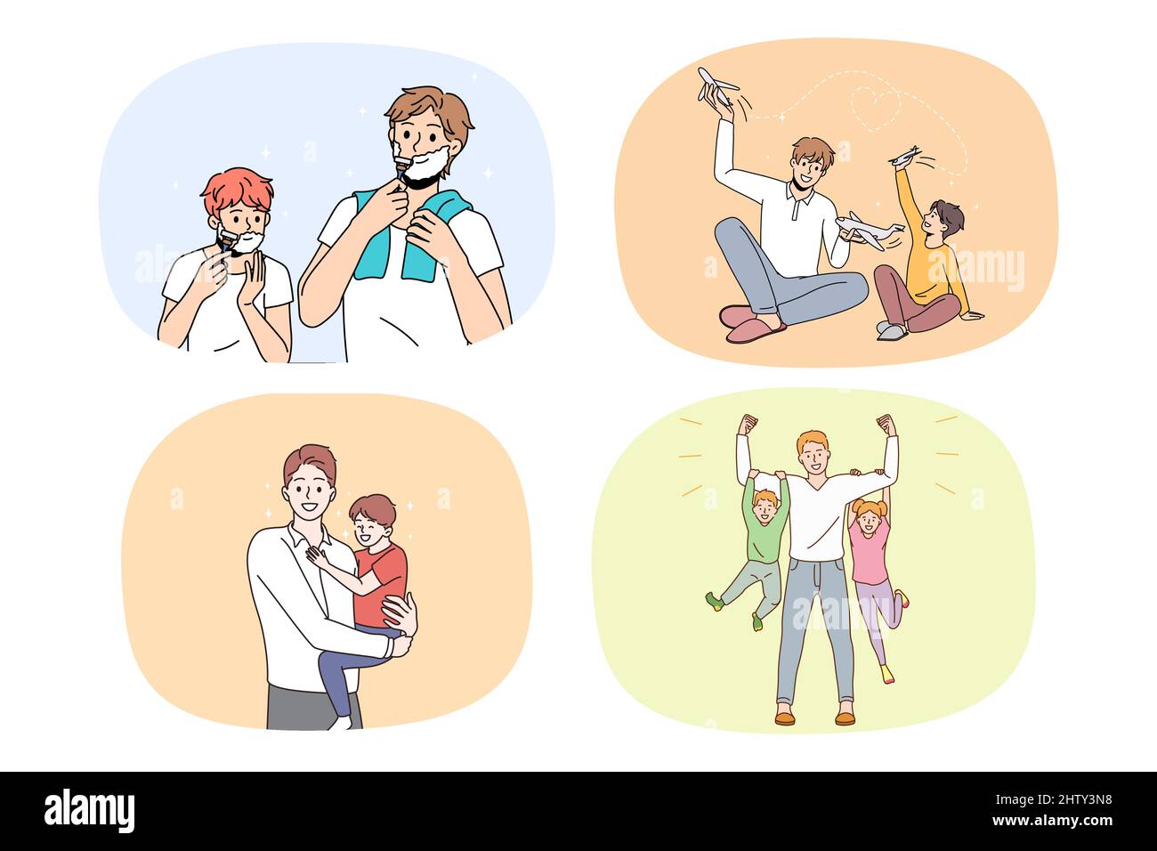 Collection of smiling young dad have fun spend time with small children ...