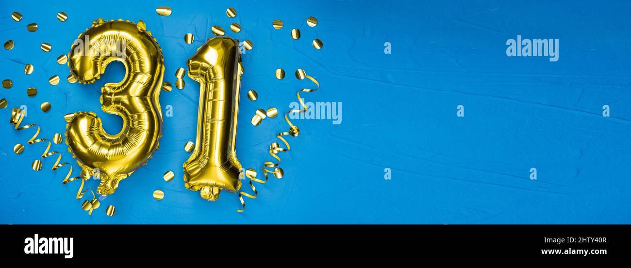 number thirty one gold foil balloon. Birthday or anniversary card with ...