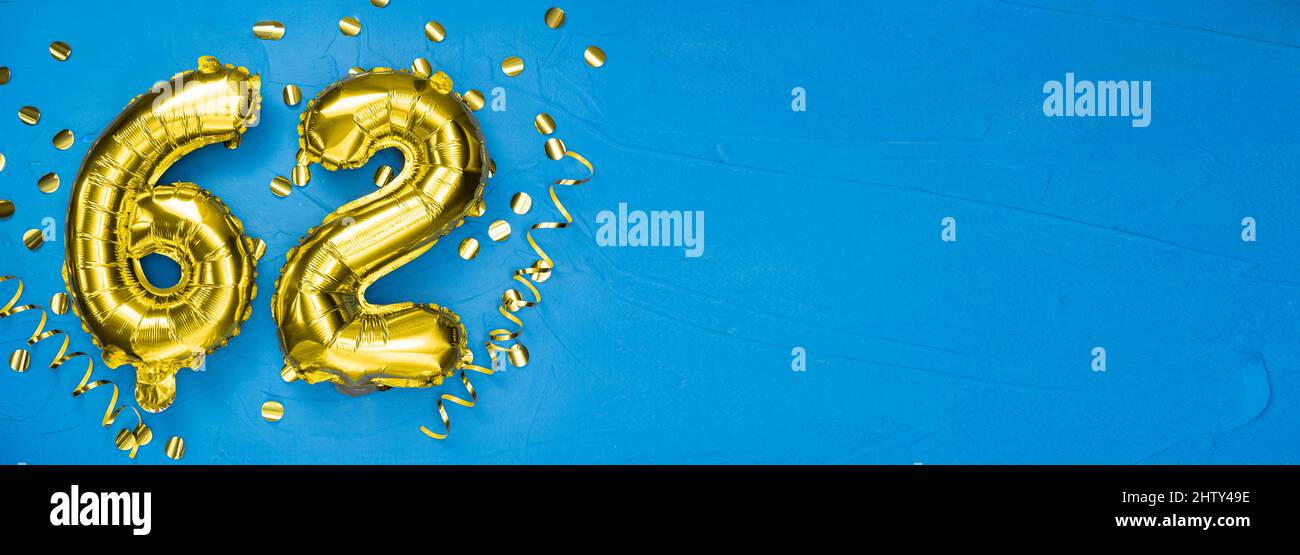 golden foil balloon number sixty two. Birthday or anniversary card with ...