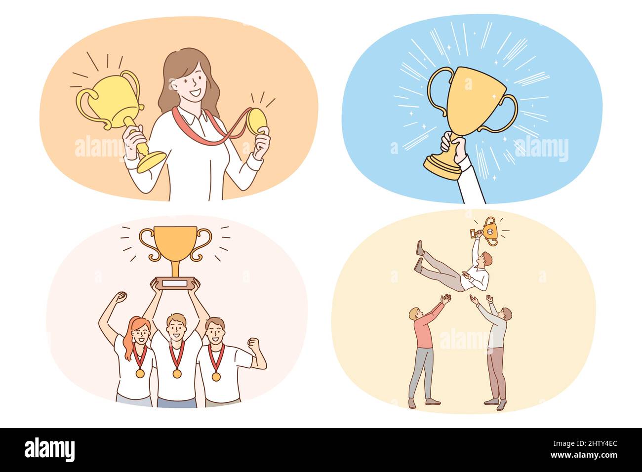 Set of happy employees or workers with prizes or awards celebrate goal achievement. Collection ...