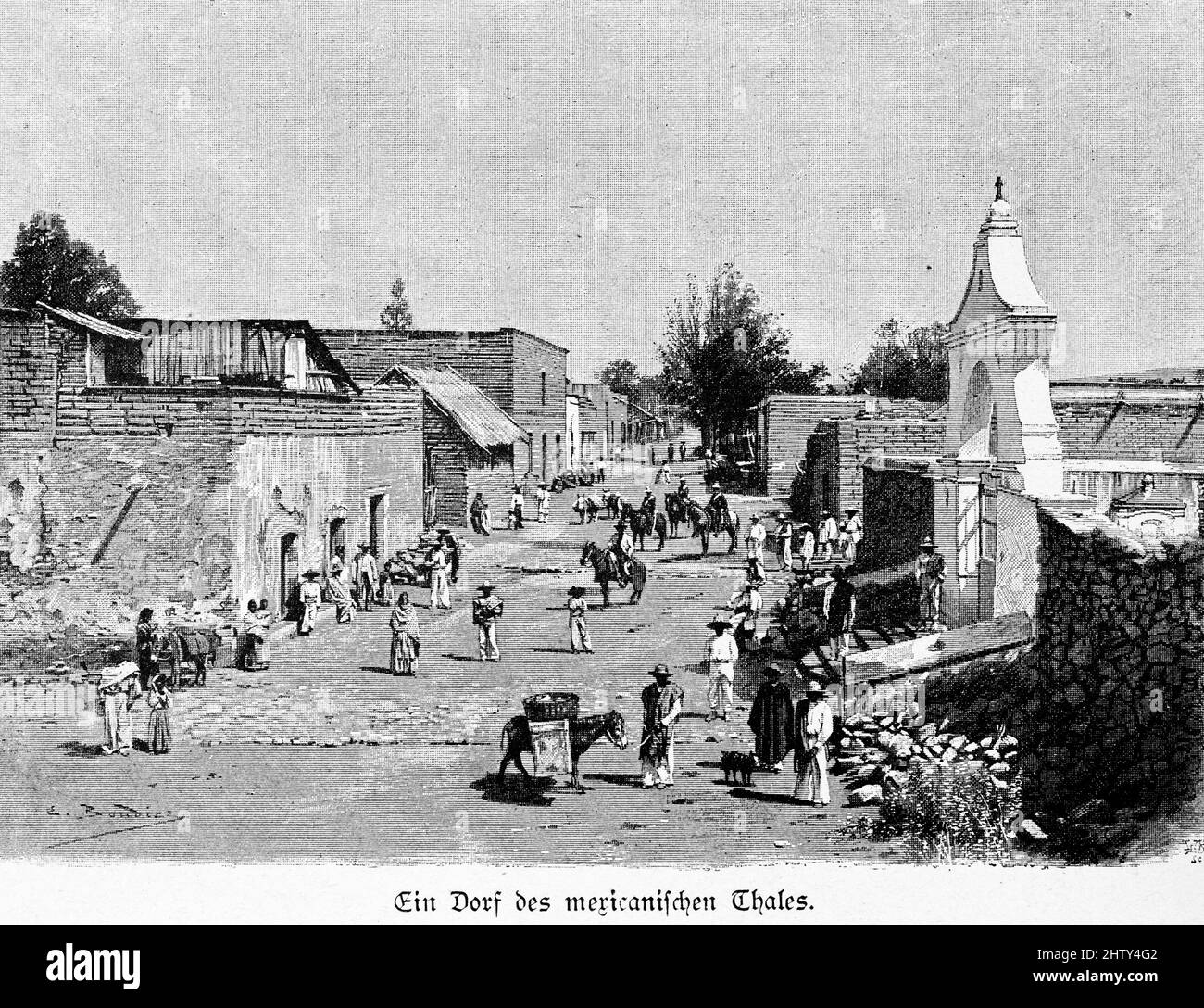 Mexican village, street, people, horses, building, church, drying ...