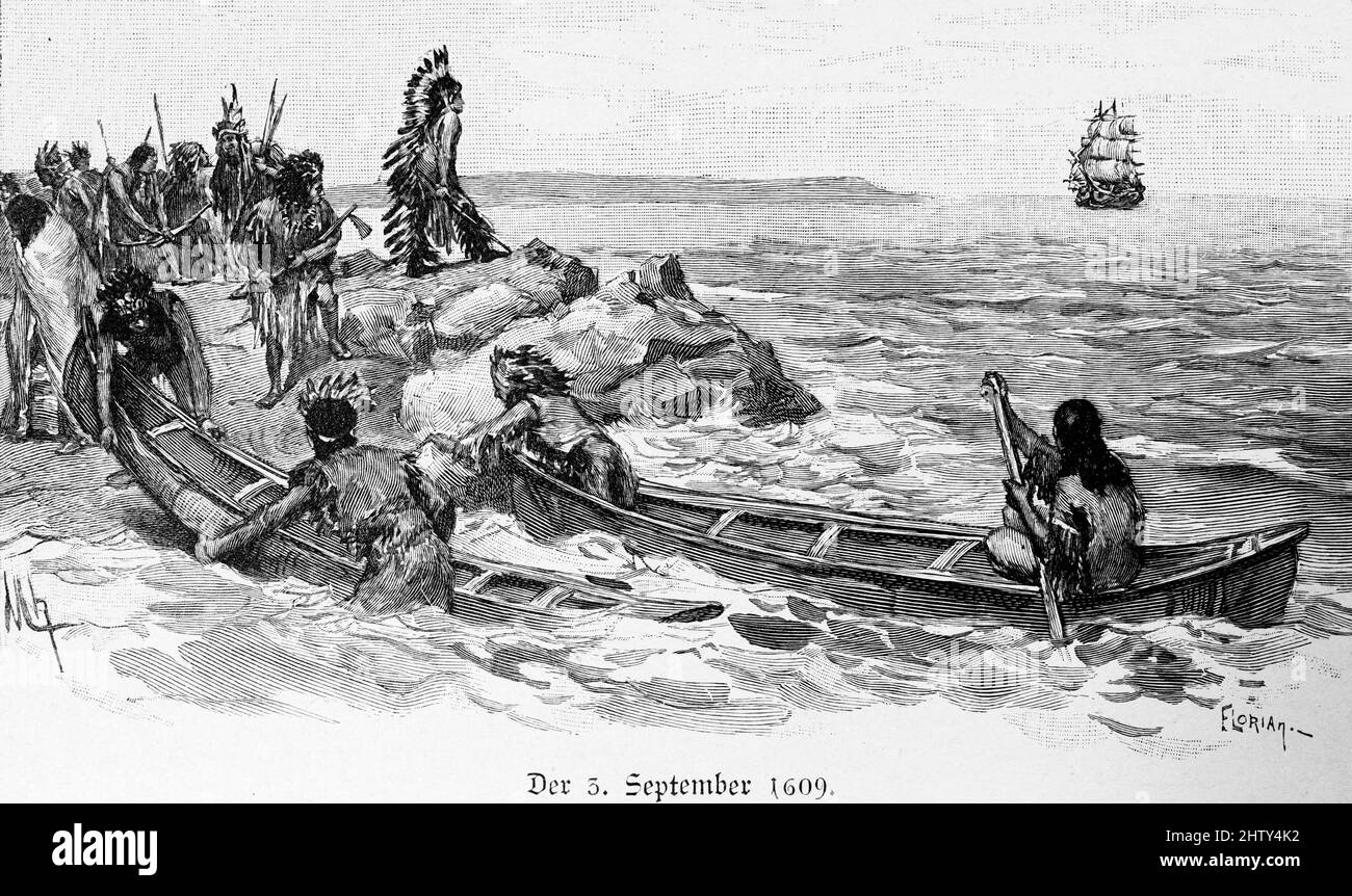 Indians, Canoes, Atlantic, Shore, Rocks, Arrival, Sailing Ship ...