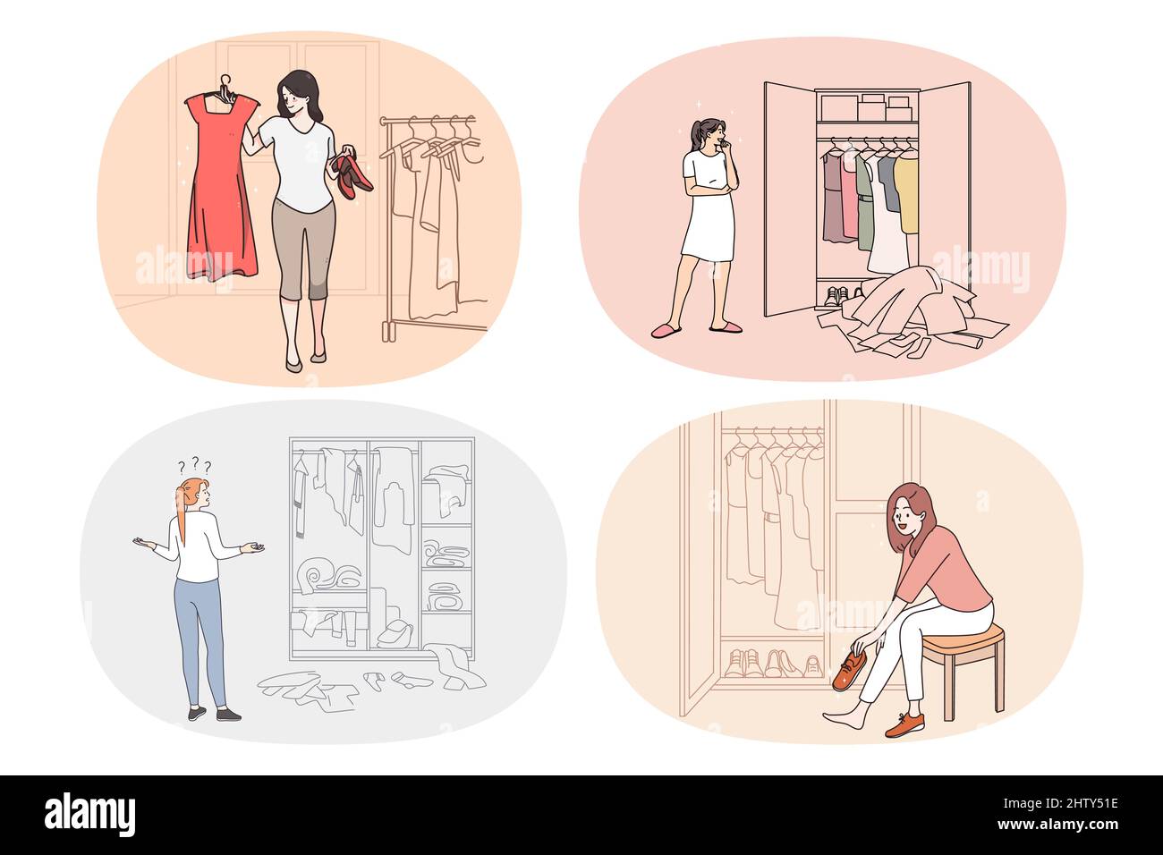 Set of frustrated young woman look at wardrobe think of outfit ...