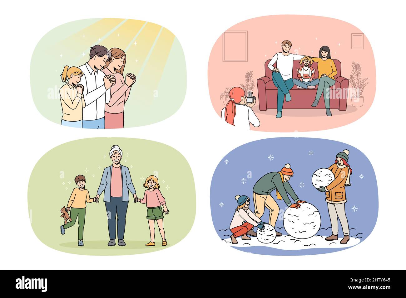 Set of happy young parents with small children daily life. Collection ...