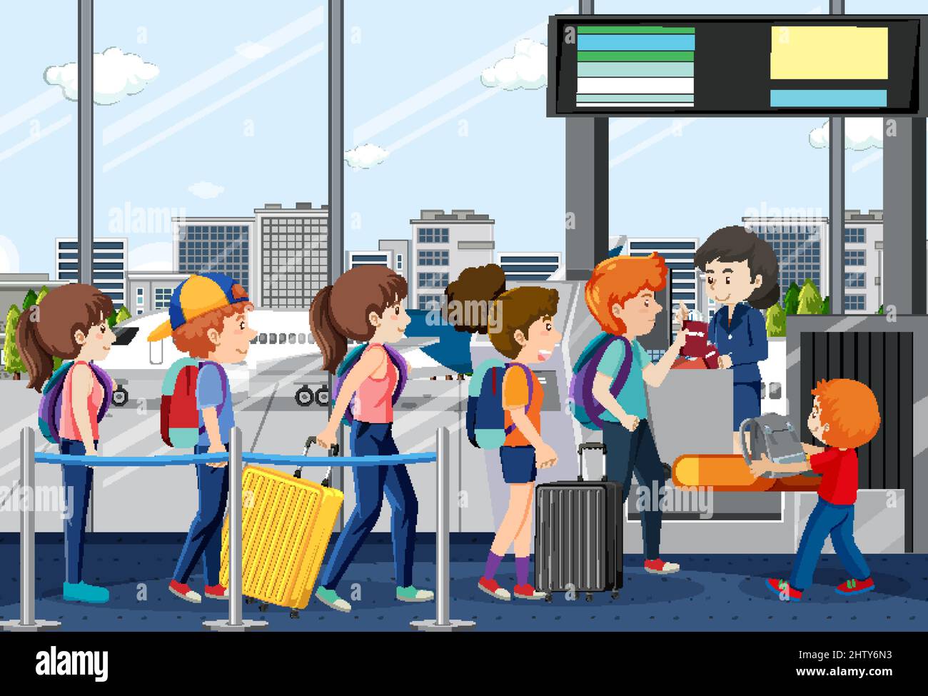 Passengers in queue waiting at check-in counter illustration Stock ...