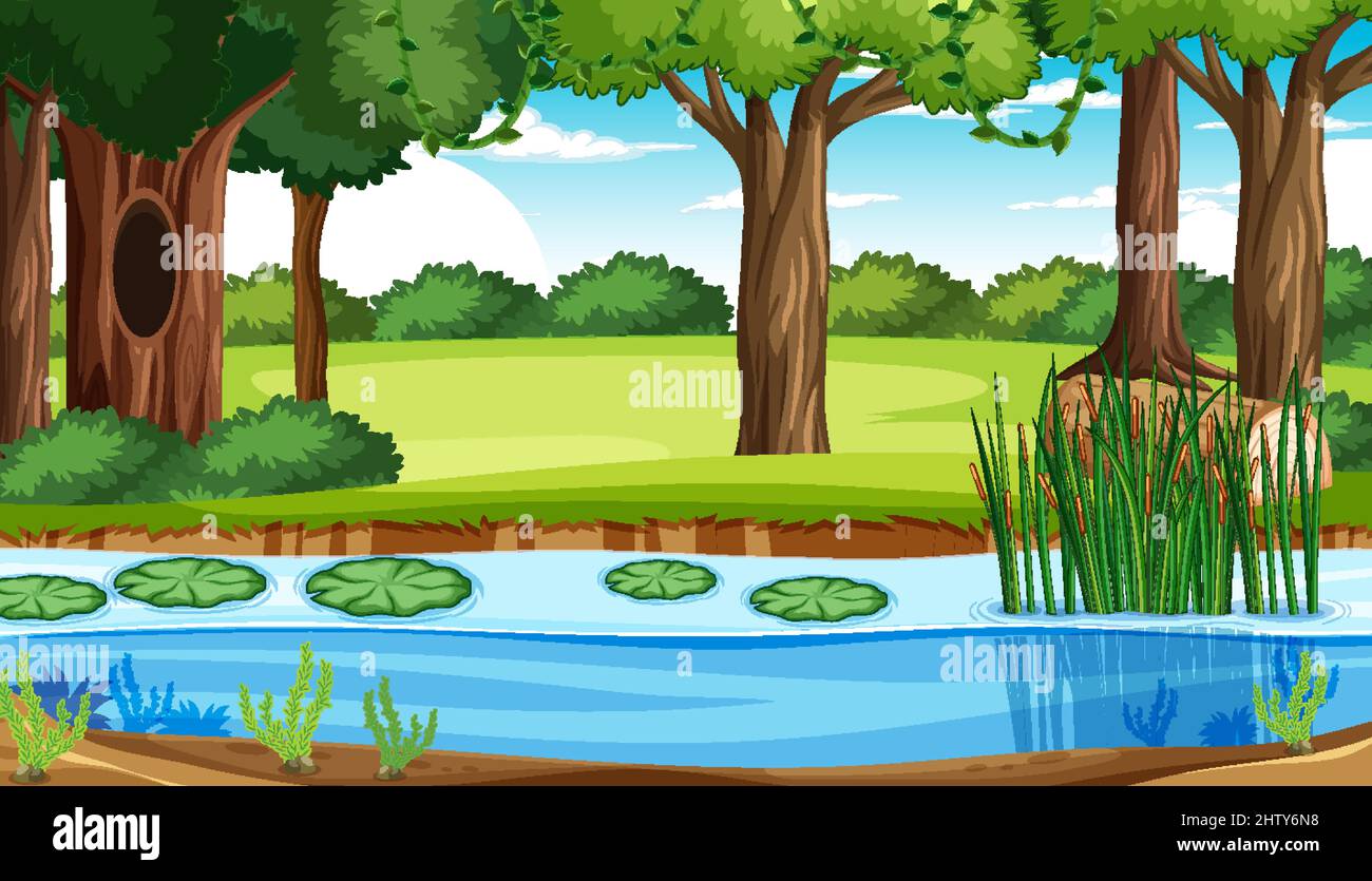 Scene with trees and river in forest illustration Stock Vector Image ...