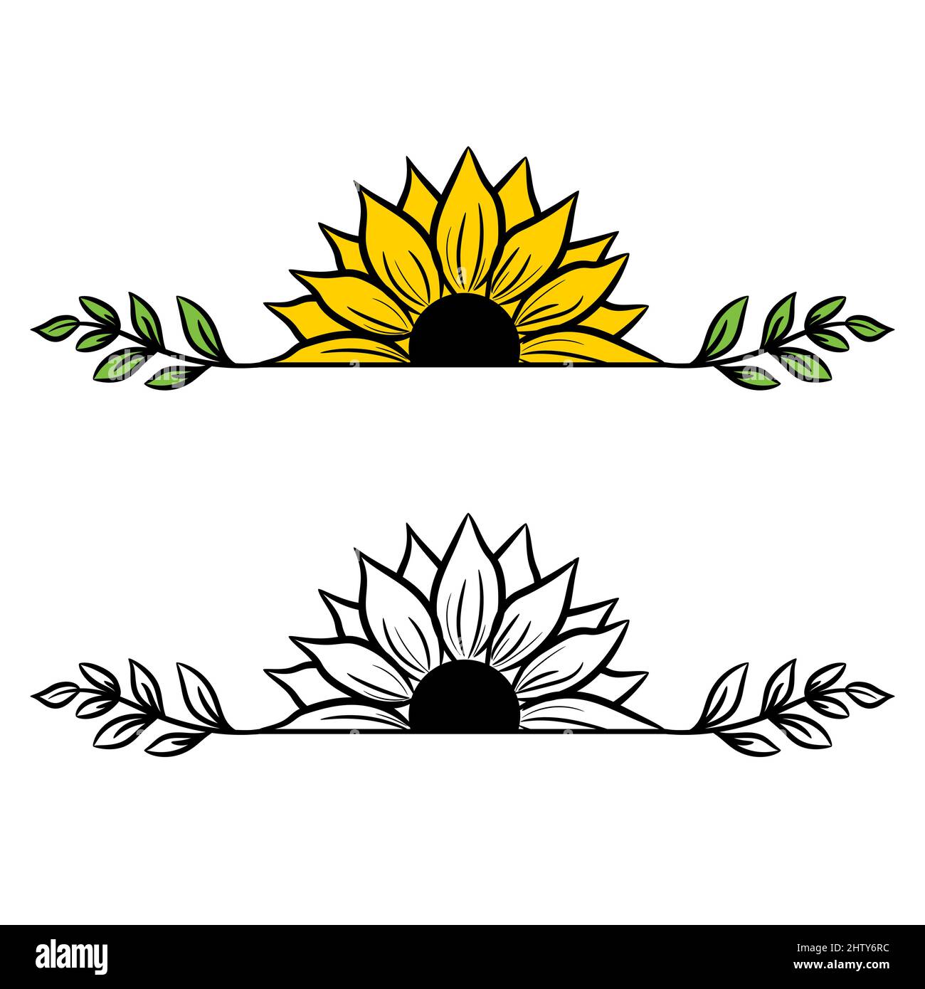 Sunflower divide border decor with half flowers drawing. Flower split ...