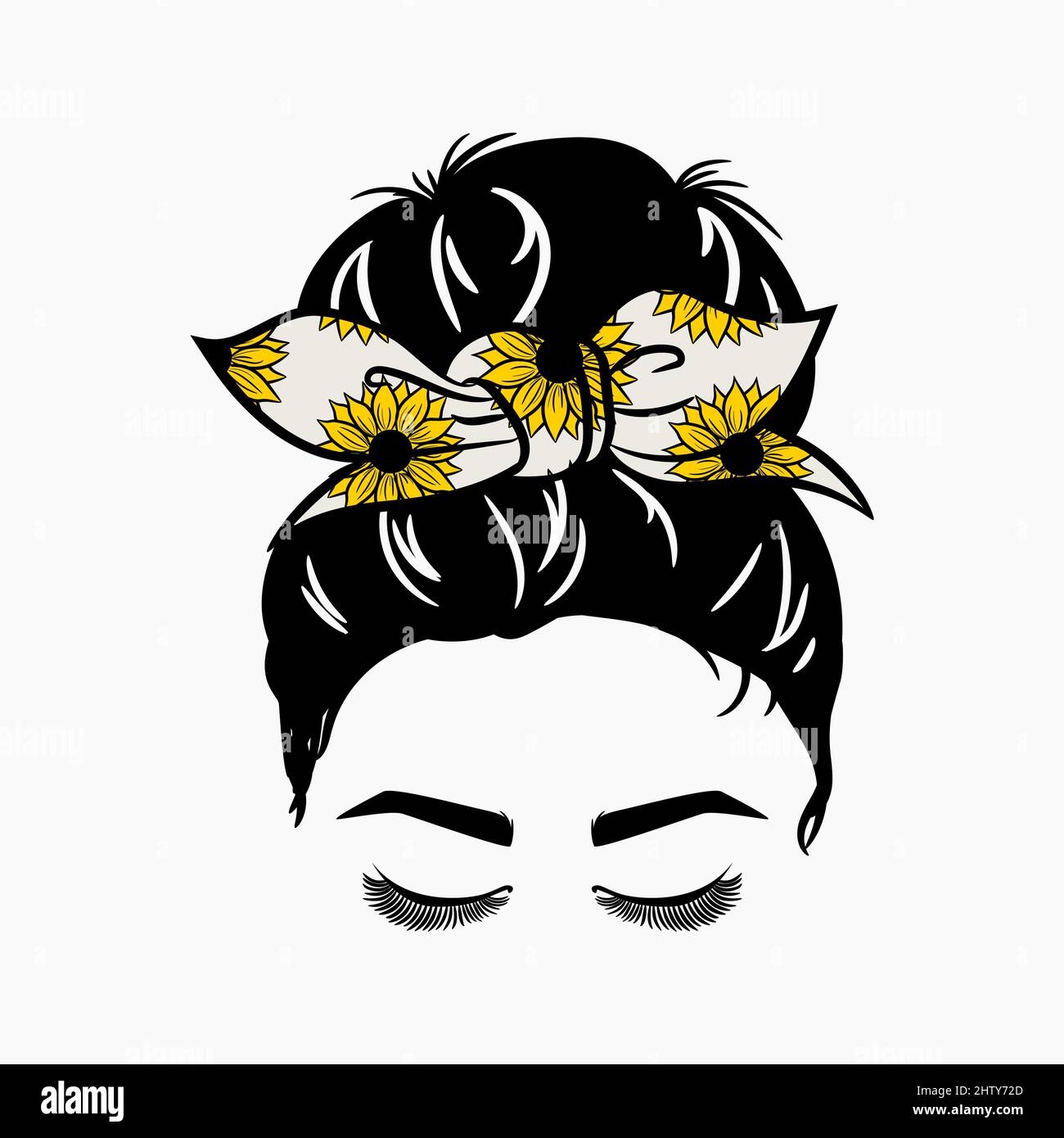 Messy Bun Momlife Girl Silhouette With Sunflower Bow T Shirt Print