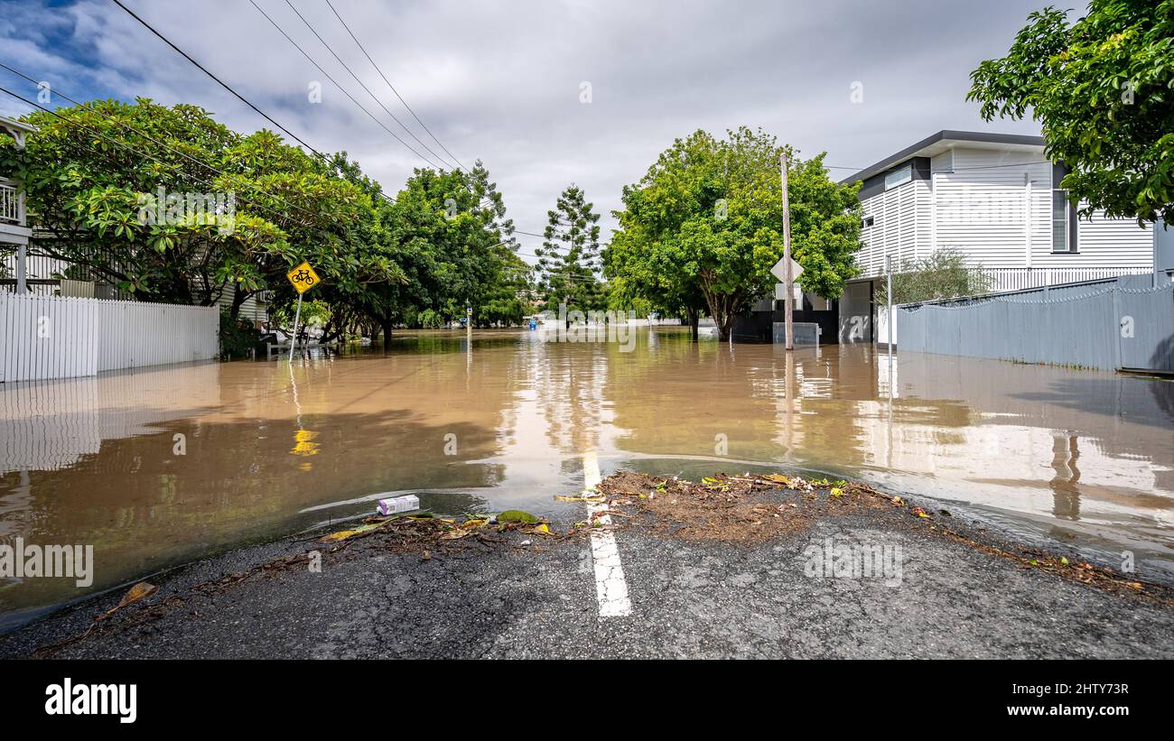 Brisbane, Australia - Feb 28, 2022: Roads flooded after the heavy rain ...