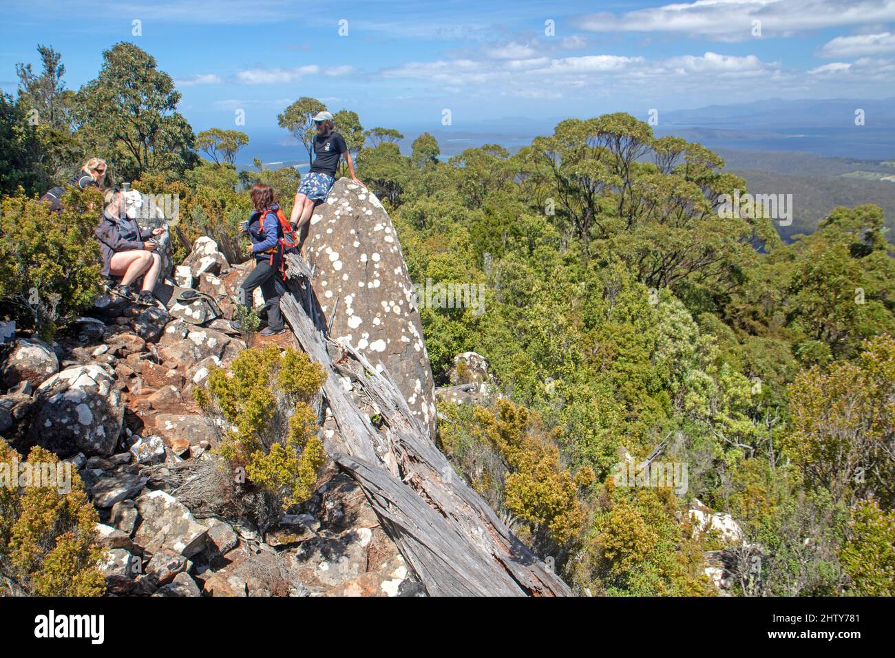 Hikers on the summit of Mt Mangana, the highest peak on Bruny Island ...