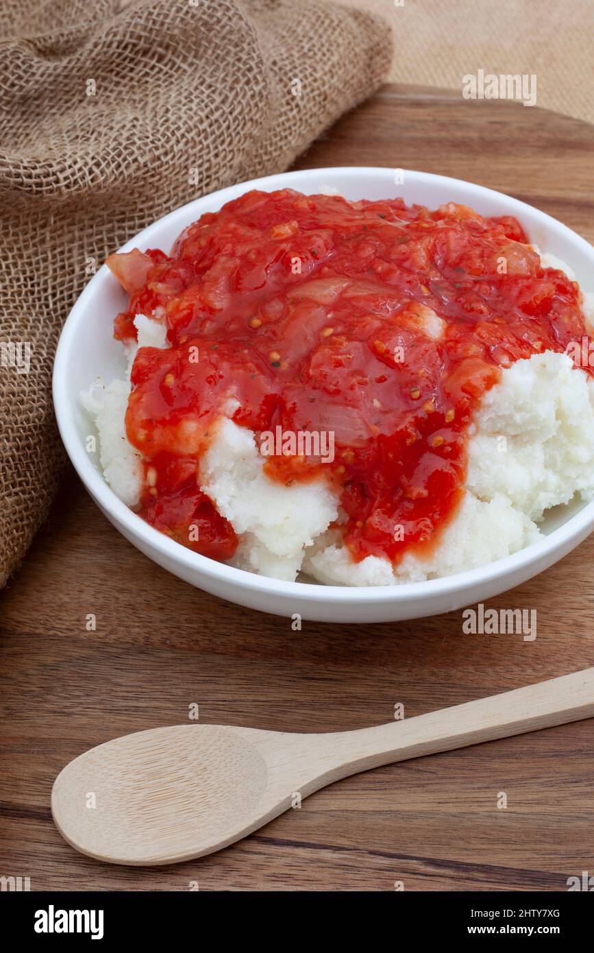 Traditional South African Pap and sous, maize meal covered in tomato ...