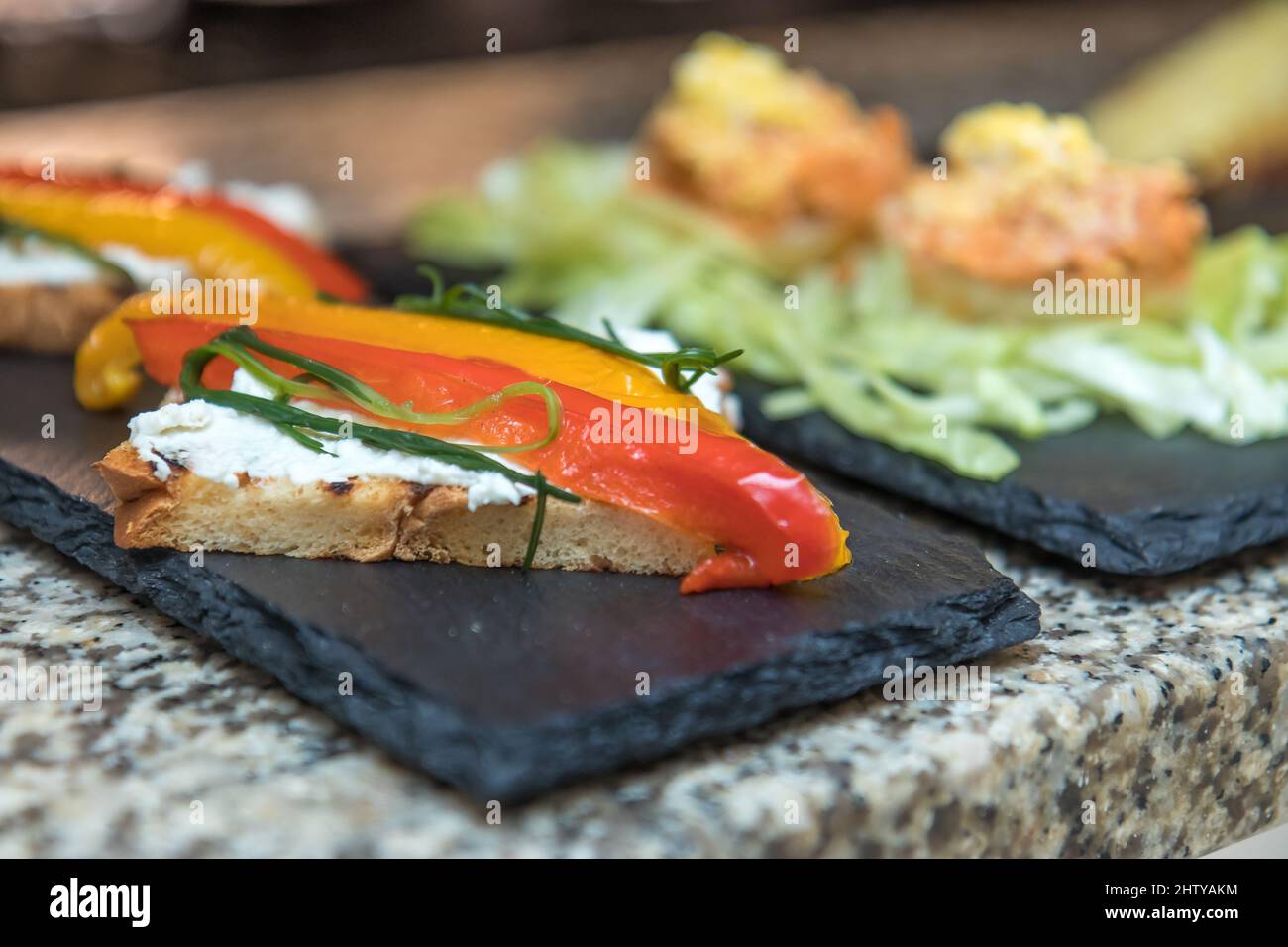 Close up on spanish tapas from a restaurant buffet dinner Stock Photo ...