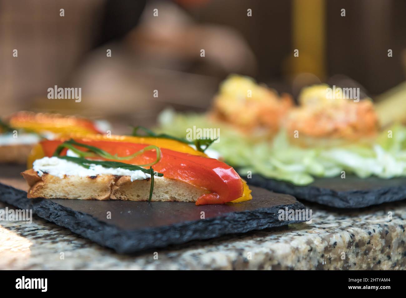 Close up on spanish tapas from a restaurant buffet dinner Stock Photo ...