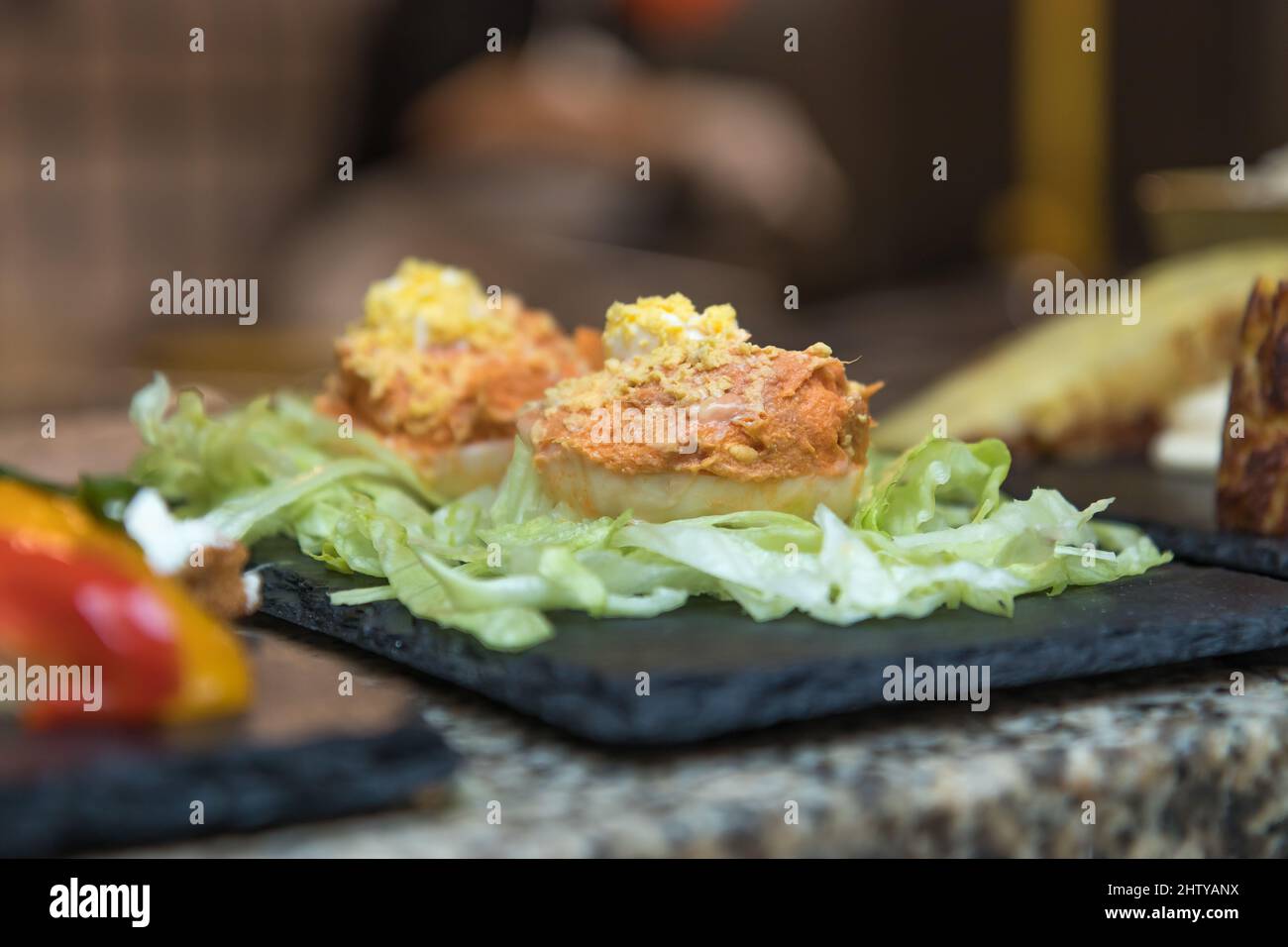 Close up on spanish tapas from a restaurant buffet dinner Stock Photo ...