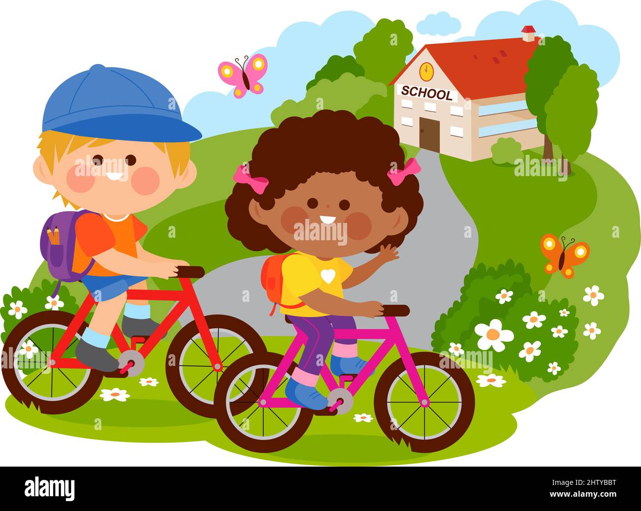 Children riding their bicycles to school. Vector illustration Stock ...