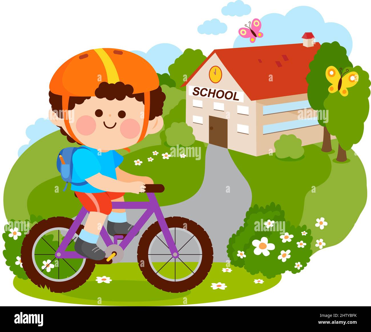 Little boy rides his bicycle to school. Vector illustration Stock ...