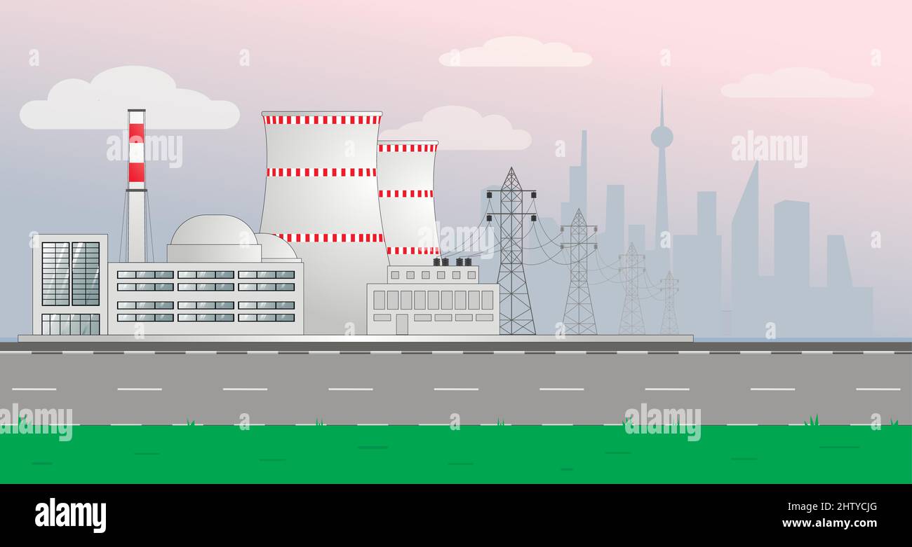 Panorama of the nuclear power plant at dawn. Flat vector illustration ...