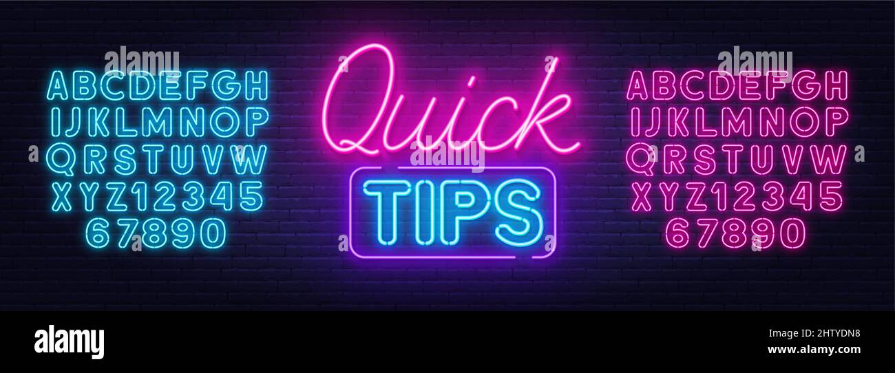 Quick Tips neon sign on brick wall background . Pink and blue neon ...