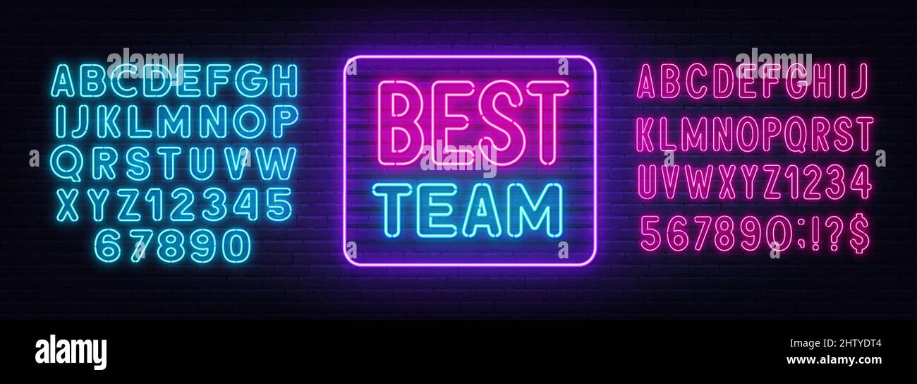 Best team neon sign on a brick background . Pink and blue neon ...