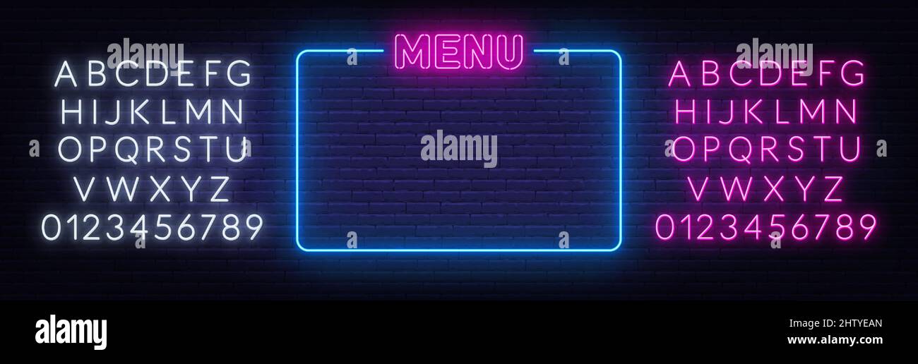 Menu neon sign on brick wall background. Pink and white neon alphabets ...