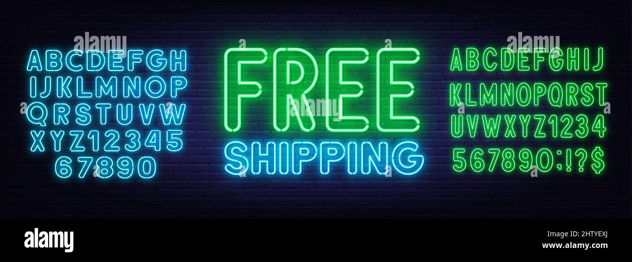 Free shipping neon sign on brick wall background. Blue and green neon ...