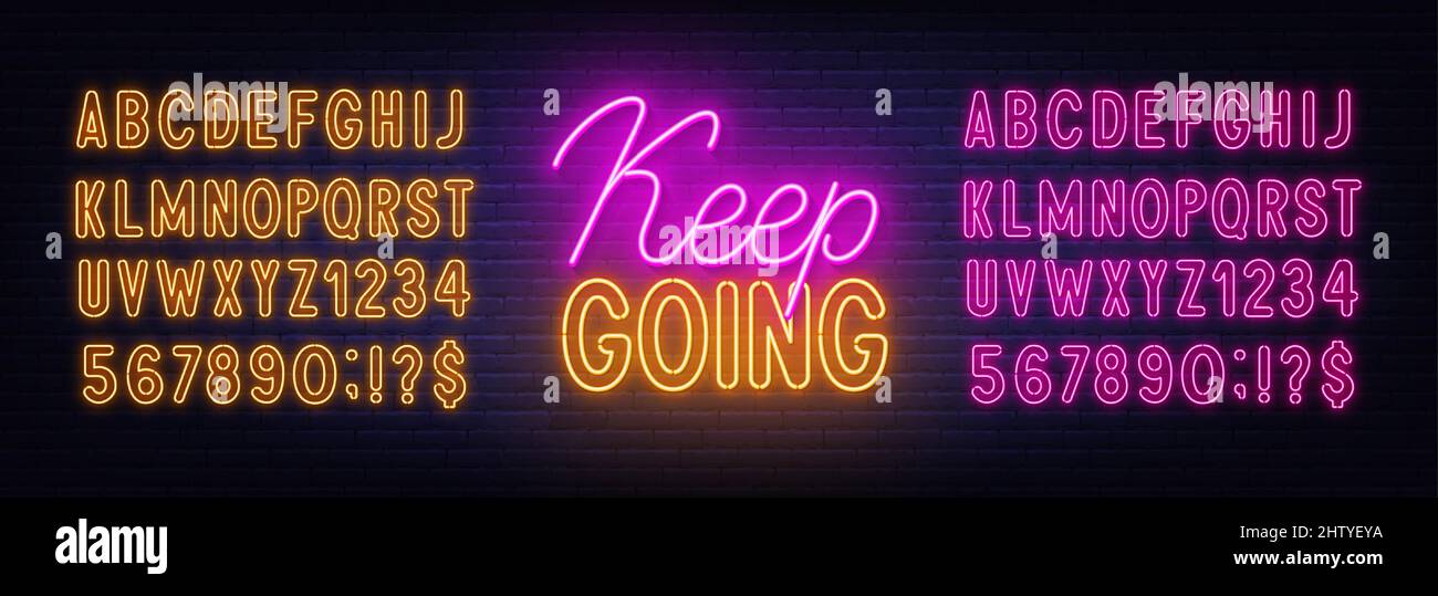 Keep going neon lettering on brick wall background. Vector illustration ...