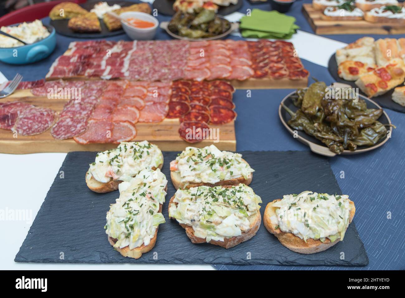 Close up on spanish tapas from a restaurant buffet dinner Stock Photo ...