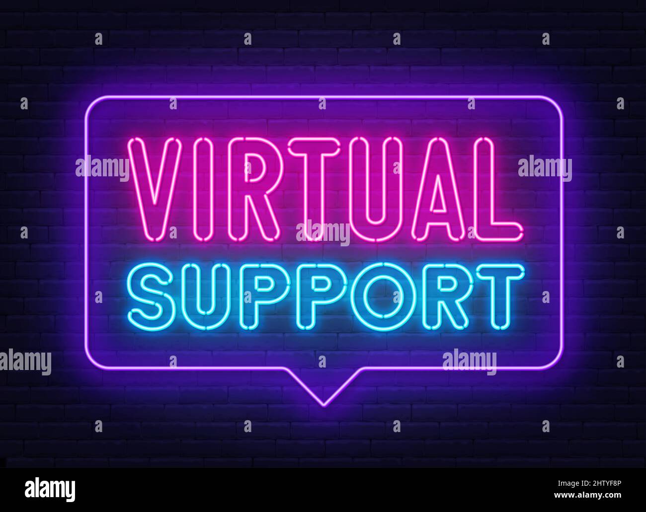 Virtual Support neon sign in the speech bubble on brick wall background ...