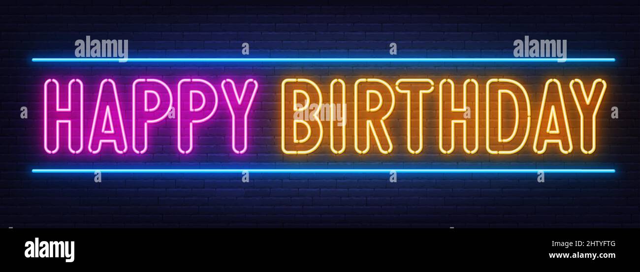 Happy Birthday neon text. Greeting card on brick wall background Stock ...