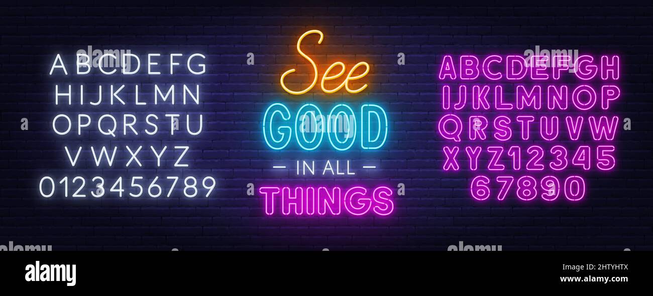 See Good in all Things neon lettering on brick wall background Stock ...