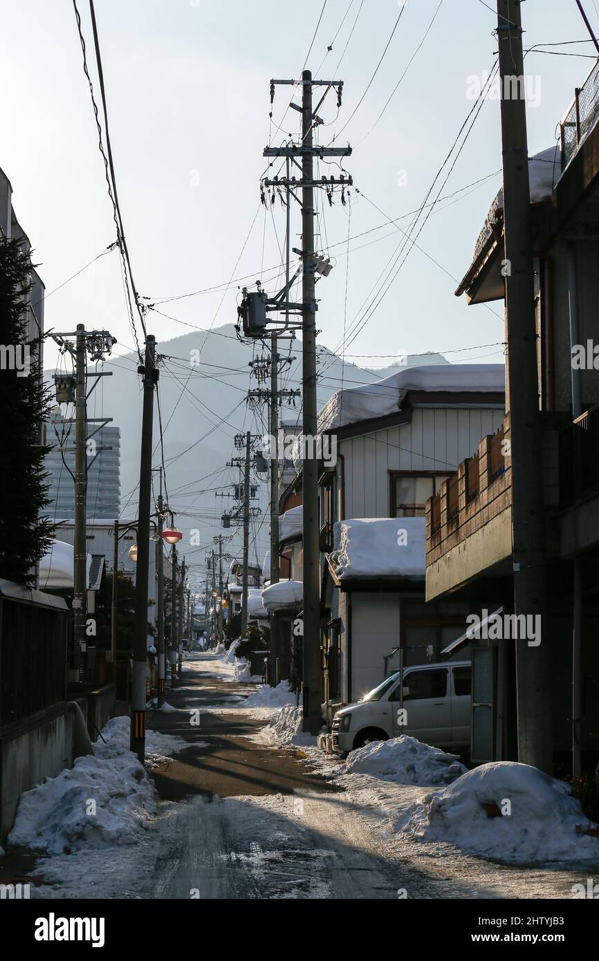 Yudanaka, Nagano, Japan, 2022/22/01 , View of Yomase river and the city ...