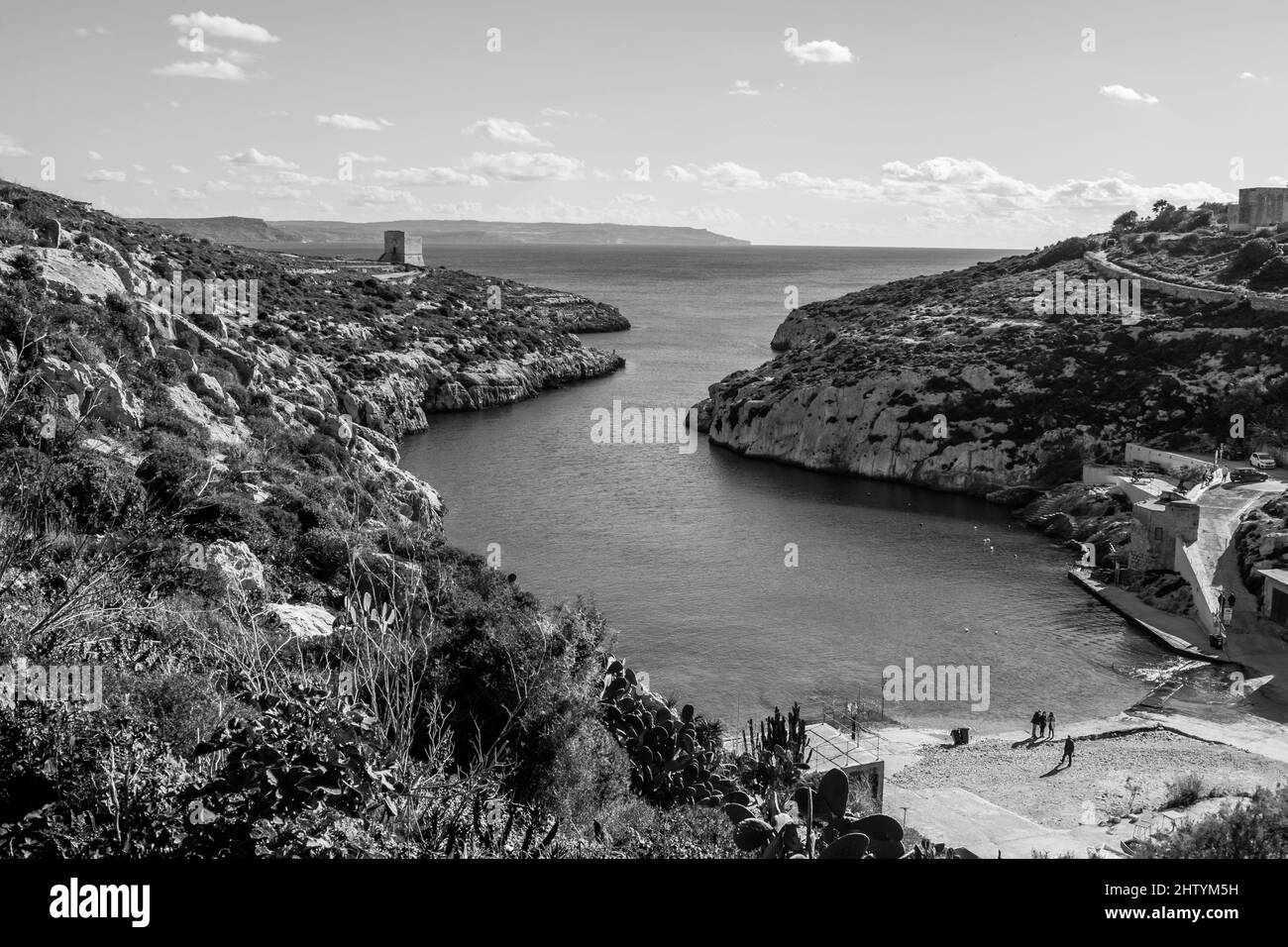 Black and white shot of bay at the drowned ria valley of Mgarr ix-Xini ...