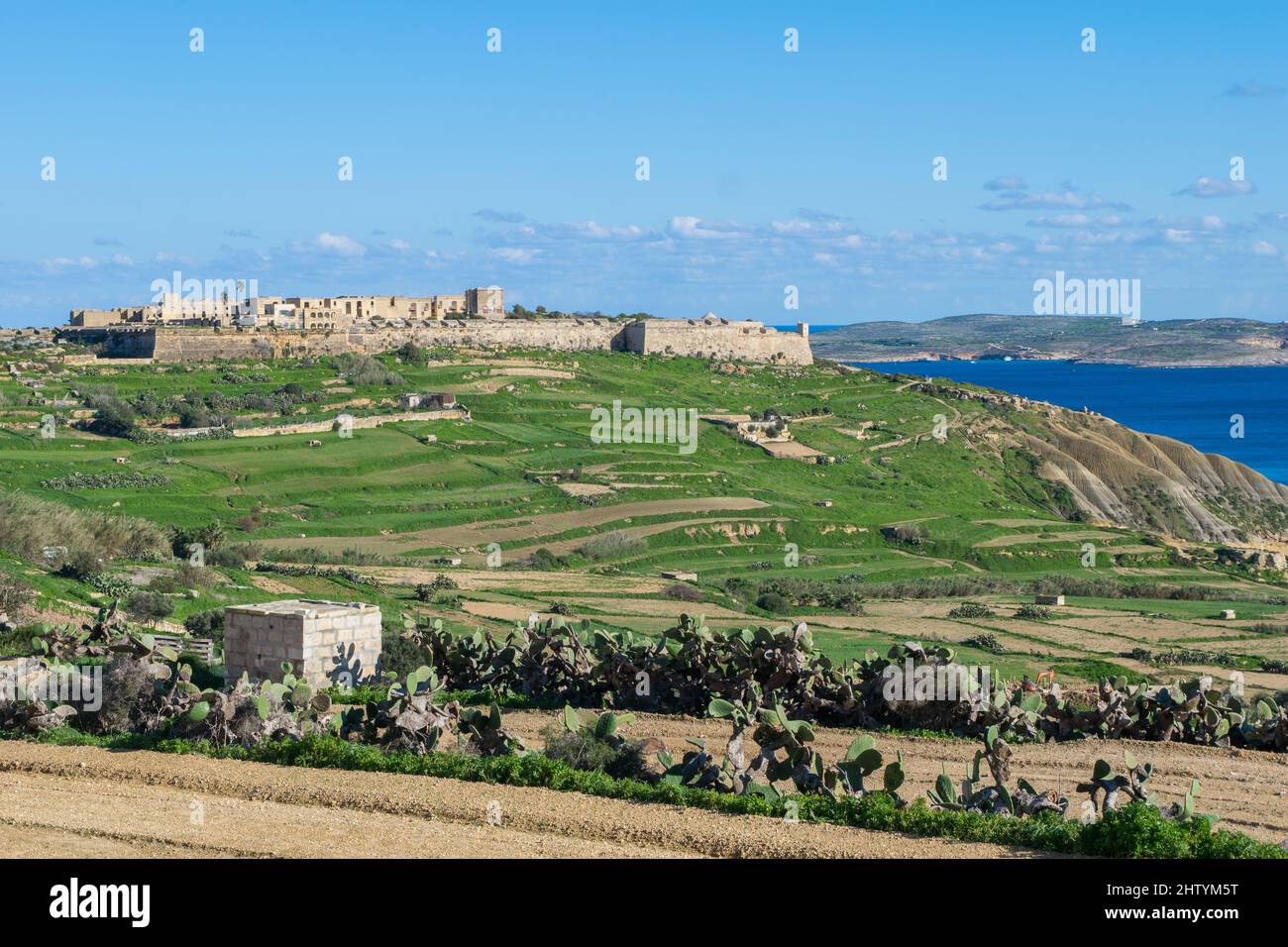 Panoramic view of hills and Fort Chambray, in Gozo, Malta, fortress ...
