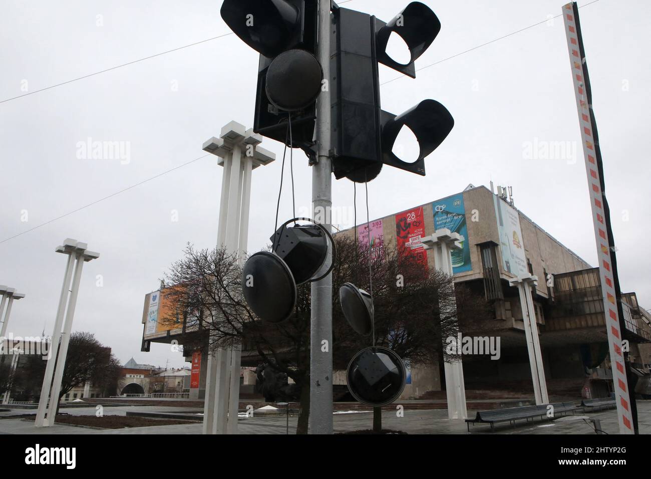 KHARKIV, UKRAINE - MARCH 1, 2022 - Shattered traffic lights are ...