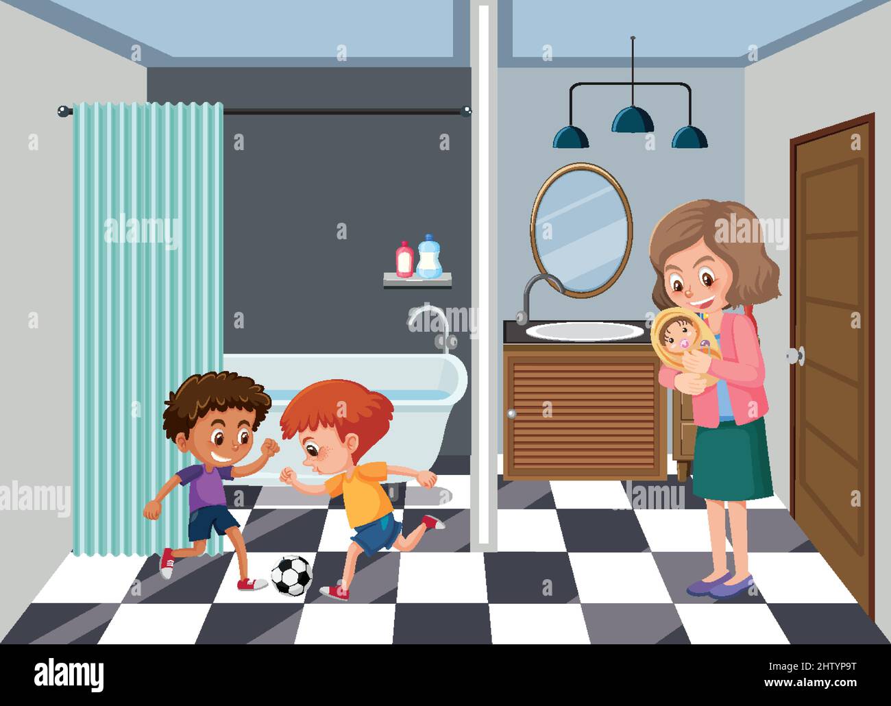 Bathroom scene with family members cartoon character illustration Stock ...