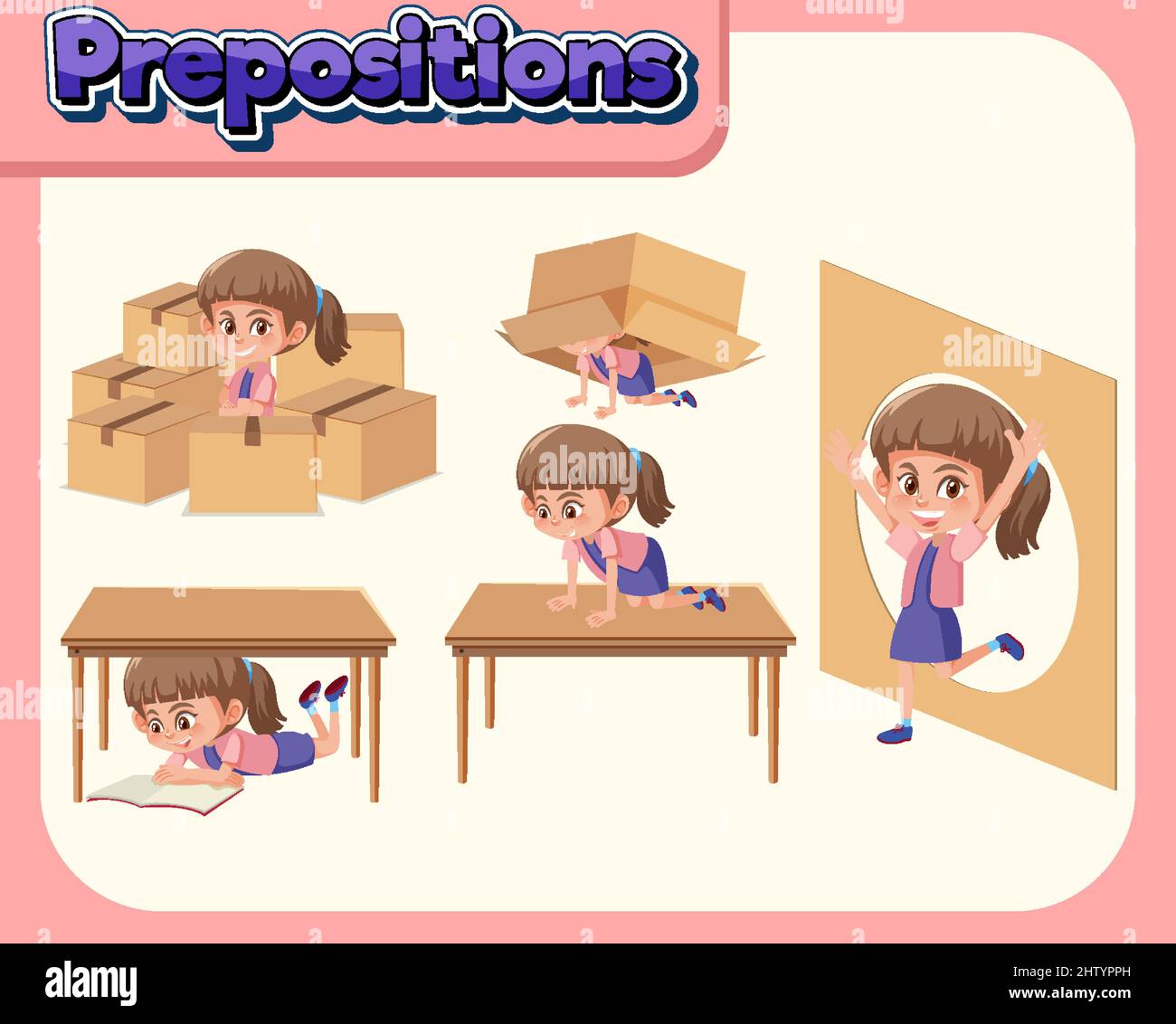 Prepostion wordcard design with girl in places illustration Stock ...