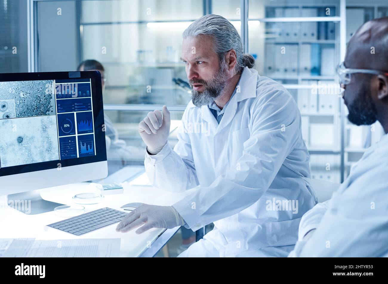 Two scientists discussing the image of bacterium on computer monitor ...