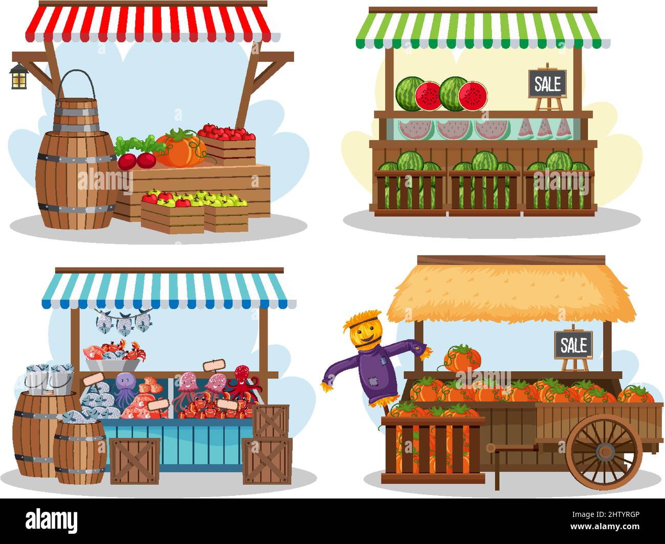Flea market concept with set of different stores illustration Stock ...