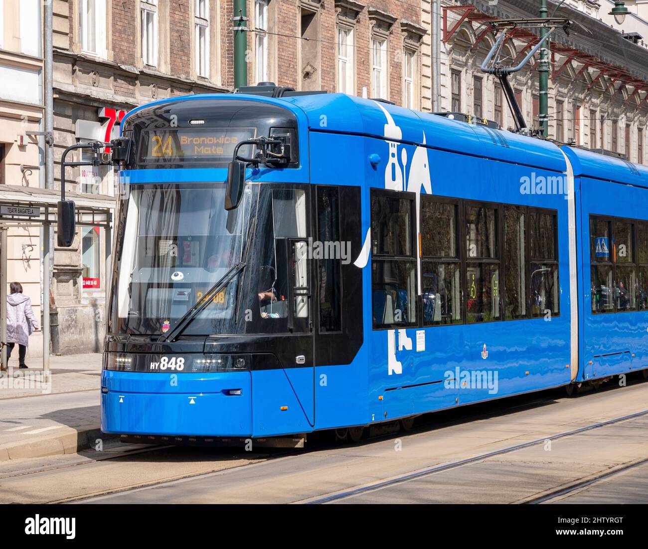 Krakow, Poland, blue Krakowiak tram, vehicle front closeup, modern ...