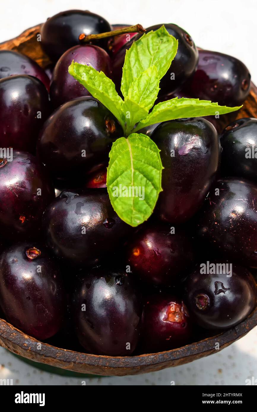 Dark pink-red ripe Syzygium cumini fruits. Dark black java plum in a ...