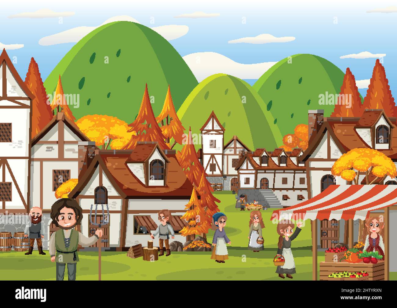Ancient medieval village scene with villagers illustration Stock Vector ...